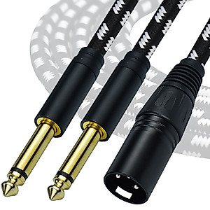 Mugteeve Dual 1/4 TS Mono to XLR Male Y Splitter Cable, 10 Feet Stereo L/R Quarter Inch to XLR Instrument Cable, for Mixer, Electric Drum, Keyboard Recording, Nylon Braided, Black White Color