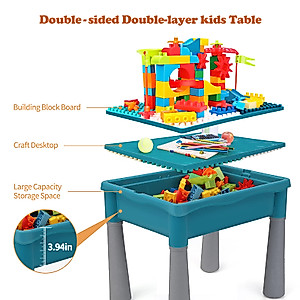 Double-Sided Kids Activity Table with Storage, 105pcs Marble Run Building Blocks Table, 5-in-1 Multi Activity Play Sand Water Eating Table for Kids Toddler Boys Girls Ages 1 2 3 Year Old