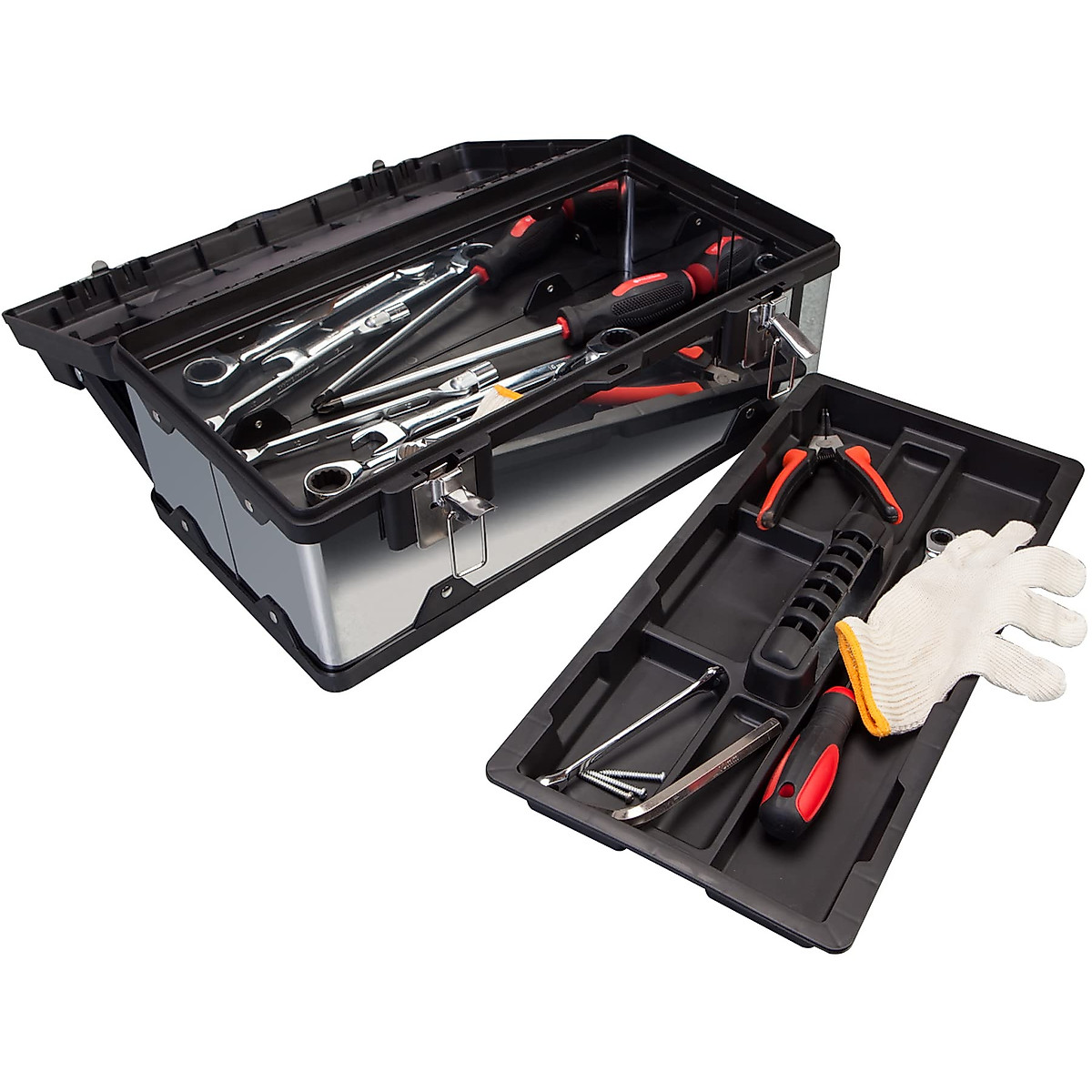 BIG RED A5519BR Torin 19" Stainless Steel and Plastic Portable Storage Tool Box Organizer with Metal Lock, Multiple Compartments, Clear Lid and Removable Trays - Stainless Steel/Black