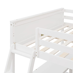 GINGVAT Full Size Loft Bed with Desk and Shelves, Wooden Bedframe and Safety Guardrails, Bedroom Furniture for Children/Teens, White