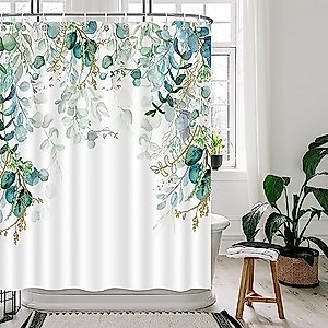 QOQIBU Sage Green Shower Curtain for Bathroom with 12 Hooks, Waterproof Enhanced Shower Curtains with Eucalyptus Leaf Plant Pattern, Floral Shower Curtain Inspired by Nature for Decoratin-72 x72