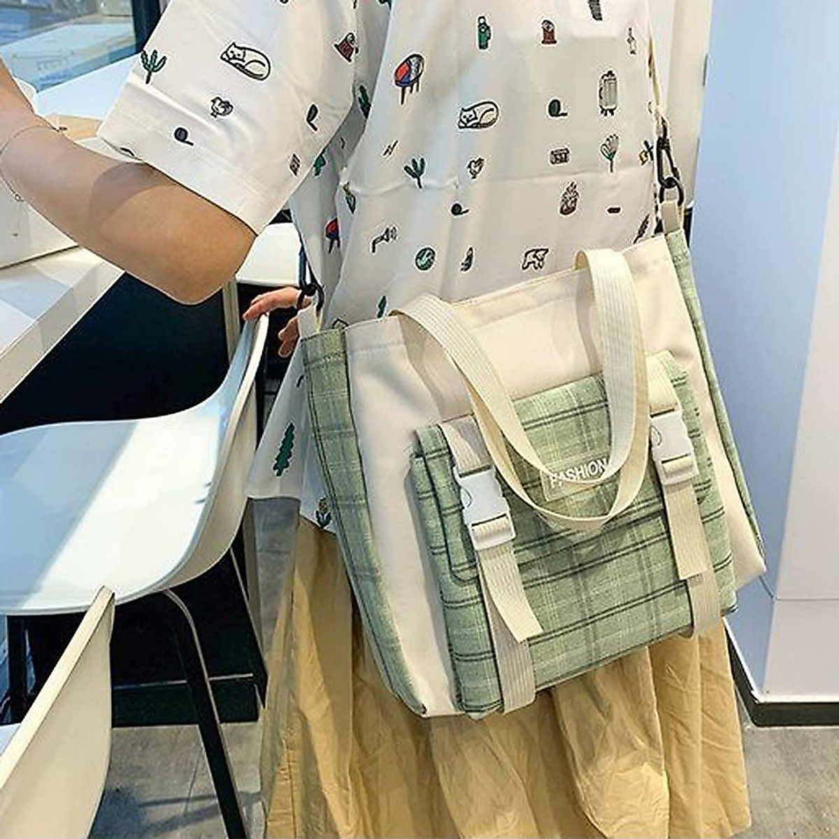 5Pcs Kawaii Canvas School Backpack Combo Set with Pear Pendant Cute Pins Tote Bag Pencil Pouch Plaid Checkered Aesthetic Laptop Schoolbag Daypack Kit Back To School (Green)