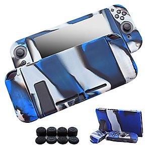Hikfly 3pcs Silicone Gel Non-Slip Cover Skin Protector Case Kits Compatible for Nintendo Switch 6.2" Screen(2017) and Joy-Con Controllers with 8pcs Silicone Gel Thumb Grips Caps(Blue Camouflage)