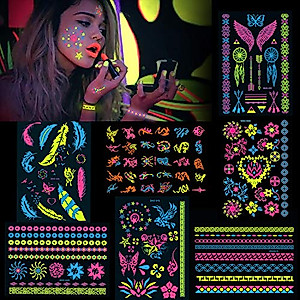 HOWAF 7 Large Sheets Neon Temporary Tattoos, 100+ Shimmer Designs Glow UV Neon Body Face Skin Tattoo Jewellery Tattoos Flash Fake Waterproof Tattoo Stickers for Women Girls Body Art