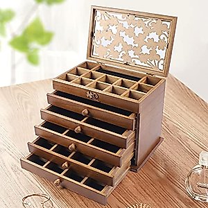 Aohuada Large Retro 6 Layers Wooden Jewellery Box Cabinet Display Organizer Wooden Jewelry Chest as Gift for Mom and Girlfriend