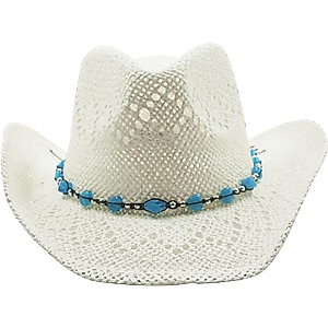 Vamuss Straw Cowboy Hat for Women with Beaded Trim and Shapeable Brim, White-Blue