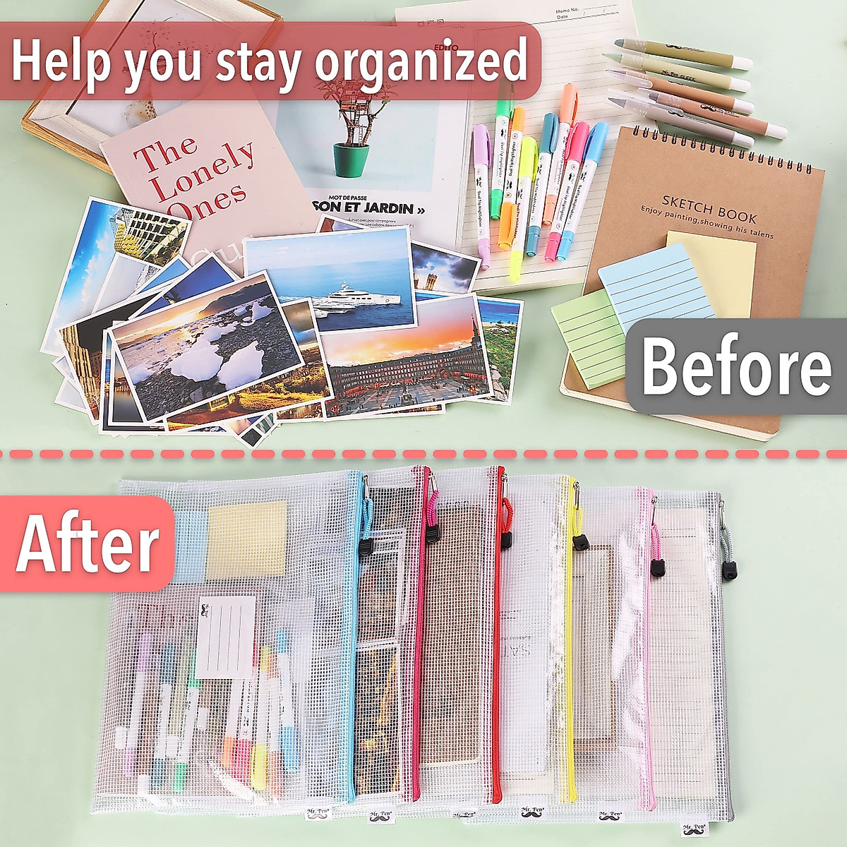 Mr. Pen- Mesh Zipper Pouch, A4, 6 Pack, Zipper Pouch with Label Pocket, Plastic Mesh Zipper Pouch, Large Mesh Zipper Pouch, Mesh Zipper Pouch Large, Zipper Pouch Bags, Board Game Storage