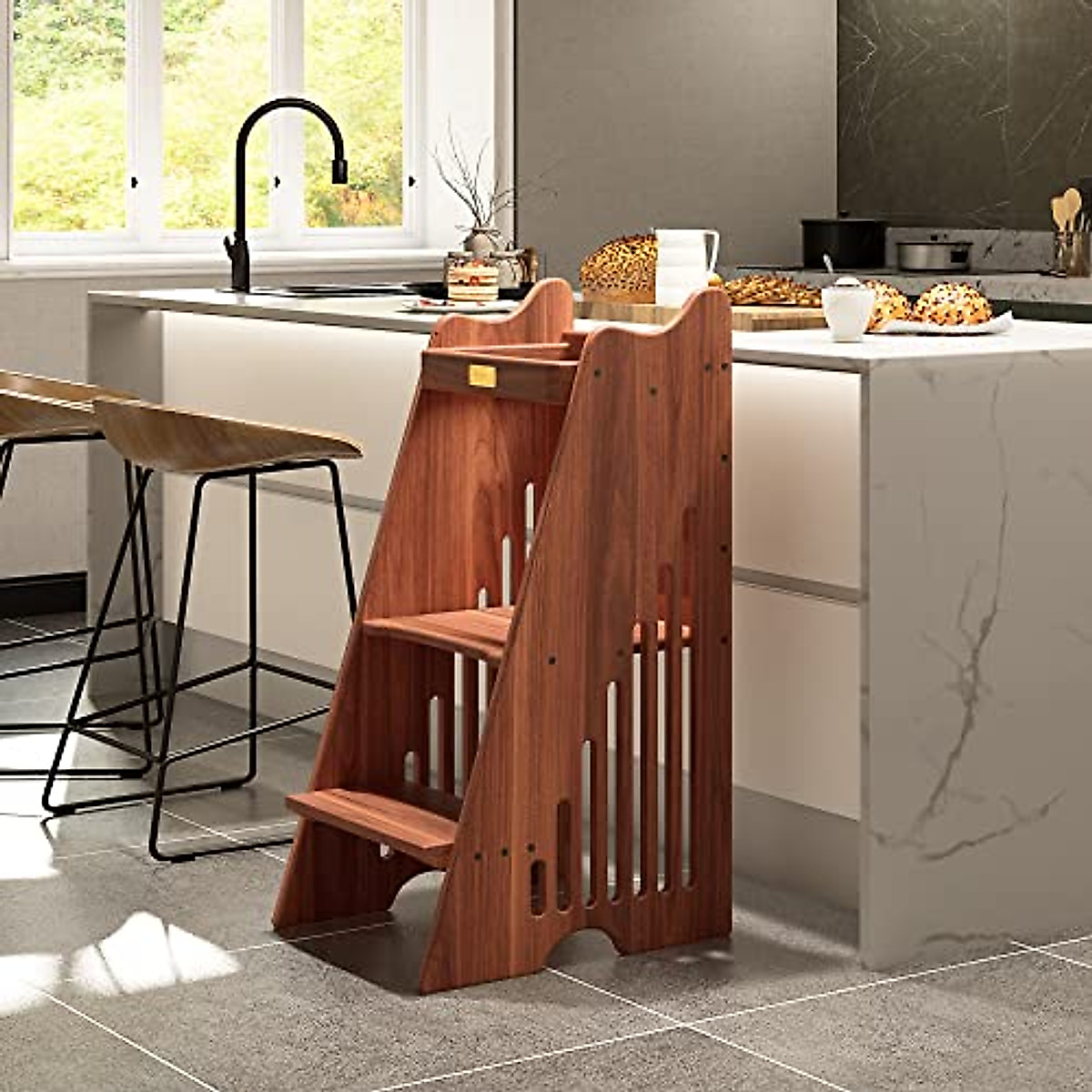 CONSDAN Kitchen Step Stool for Toddlers, Kids Standing Tower Kitchen Toddler Learning Stool, Kitchen Helper Stool with Safety Rail for Kitchen Counter, Bathroom Sink, Solid Wood