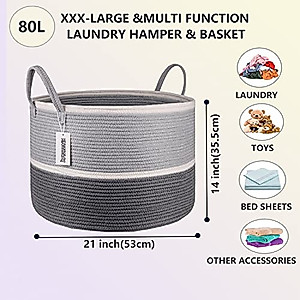 KINGSUSLAY Woven Rope Laundry Hamper,21x14Inch Laundry Basket,Wide Nursery Hamper for Blanket storage,Toys,Pillows, Extra Large Hampers for Laundry and Easter Basket(80L,Grey with White)