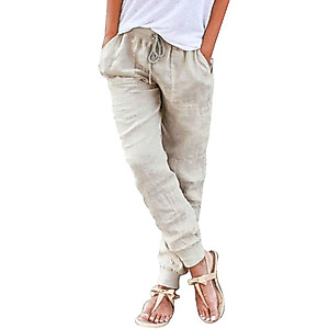 Puimentiua Womens Tapered Pants Cotton Linen Drawstring Back Elastic Waist Pants Casual Trousers with Pockets Khaki