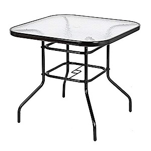VINGLI Glass Patio Table with Umbrella Hole, 32" Square Outdoor Dining Table Steel Tempered Glass Patio Table Outdoor Table for Balcony Garden Deck