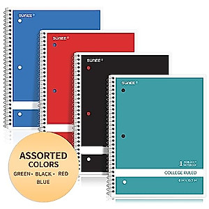 SUNEE Spiral Notebooks College Ruled, 1-Subject, 4 Pack, 8 x 10-1/2 inch, 70 Sheets per Notebook,3-Hole Punched Paper,Black, Red, Blue,Teal Spiral Lined Notebooks for Work, Home&School,Writing Journal