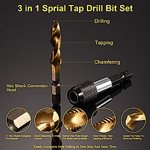 THINKWORK Combination Drill Tap & Tap Bit Set, 3-in-1 Titanium Coated Screw Tapping Bit Tool for Drilling, Tapping, Countersinking, with Quick-Change Adapter, 13 PCS SAE/Metric