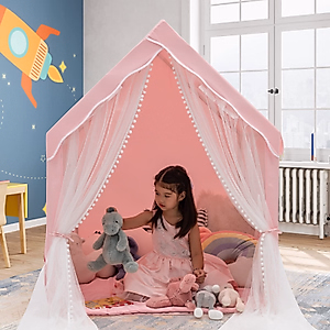 Costzon Kids Tent with Padded Cotton Mat, Large Playhouse for Girls w/Longer Mesh Curtain, Solid Frame, Roll-Up Windows, Indoors and Outdoors Princess Tent Castle Playhouse for Toddlers (Pink)