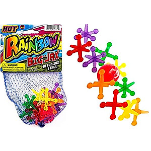 JA-RU Hot Rainbow Big Jax Retro Jaxs. 1 Large Hi Bounce Ball and 10 Large Colorful Rubber Jacks. Party Favors Game Toy for Kids and Adults Boys and Girls Toys. 731-1B