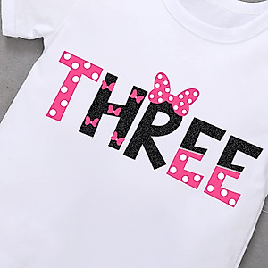 Mouse 3rd Birthday Outfit Baby Girl Short Sleeve T-Shirt Top Polka Dots Mini Tutu Skirt Headband 3 Years Old Cake Smash Photo Props I'm Three Toddler Third Birthday Party Supply Hot Pink + Black 3T