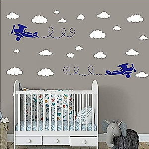 Kids Room Wall Sticker Two Aircrafts with Clouds Wall Decor for Boys Bedroom Wall Sticker Airplane Sky Decoration AM177 (Blue Airplane/White Clouds)