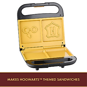 Warner Brothers Harry Potter Dual Sandwich Maker by Select Brands - Ceramic Coated Cooking Plates - Imprints Hogwarts Crest and Harry Potter Glasses on Toasted Sandwiches, Black and Gold, WBH-100SM