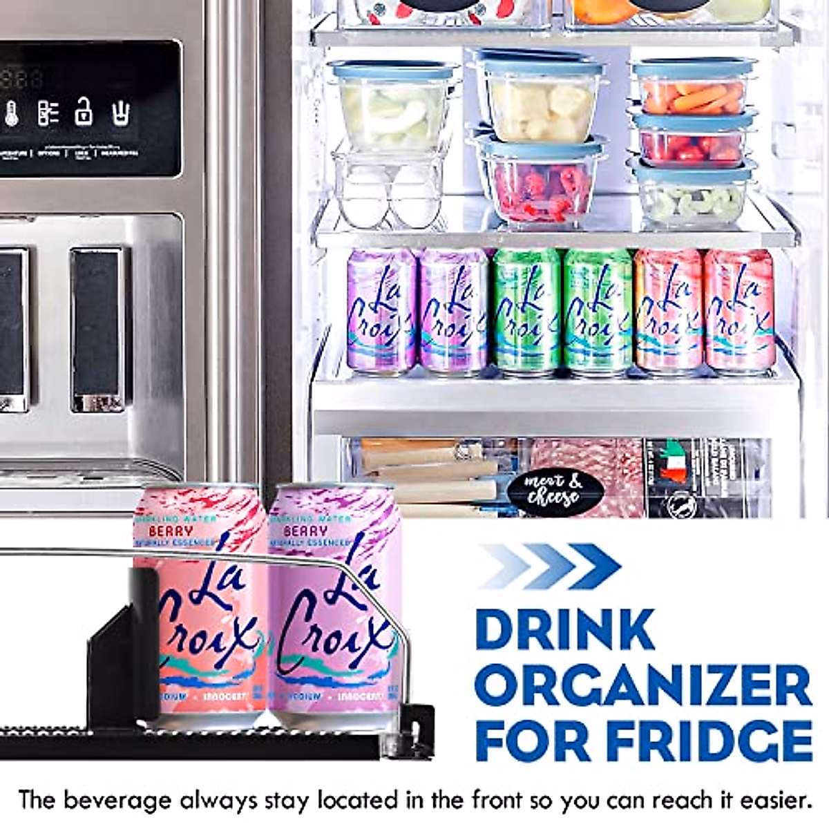 Drink Organizer for Fridge, Self-Pushing Soda Can Organizer for Refrigerator, Width Adjustable Pusher Glide, Beer Pop Can Water Bottle Storage for Pantry, Kitchen