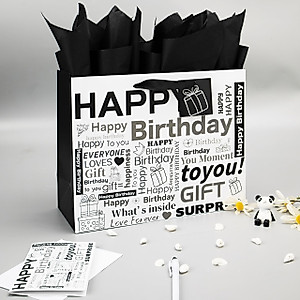 13" Large White Gift Bag Set with Greeting Card and Tissue Papers (‘Happy Birthday' Text) for Men's or Women's Birthday Parties, Boys', Girls', or Kids' Parties, Baby Showers, Baby Boys or Girls -