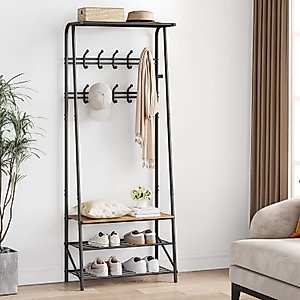 Coat Rack Shoe Bench with 10 Hooks, Hall Trees Entryway Bench with Storage, Multifunctional Hallway Organizer, Wood Look Accent Furniture with Metal Frame
