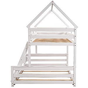 BOVZA Twin Over Full House Bunk Bed, Floor Low Bunk Bed for Kids Teens Girls Boys, Convertible to 2 Beds, White