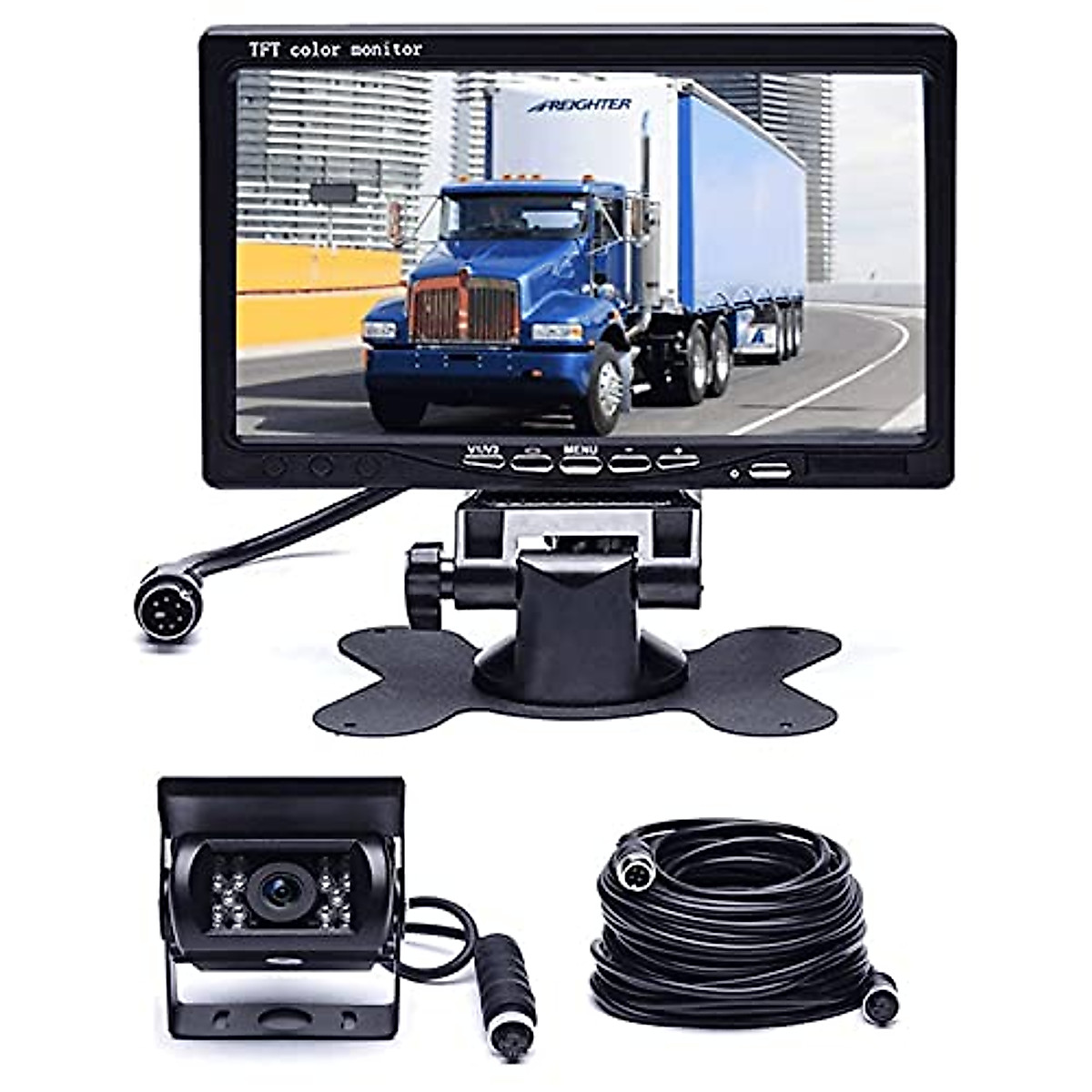 Hikity Backup Camera with Monitor Kit, Waterproof 18 IR LED Night Vision Reverse Camera + 7" Rear View Monitor Vehicle Parking System for RV Bus Trailer Truck (65ft 4-Pin Aviation Video Cable)