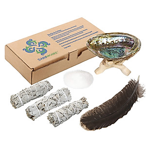 Sage Smudge Kit - White Sage Smudge Sticks - 4in ~ Abalone Shell 5-6in ~ 2in Tripod Stand ~ 9-12in Feather and White Sand