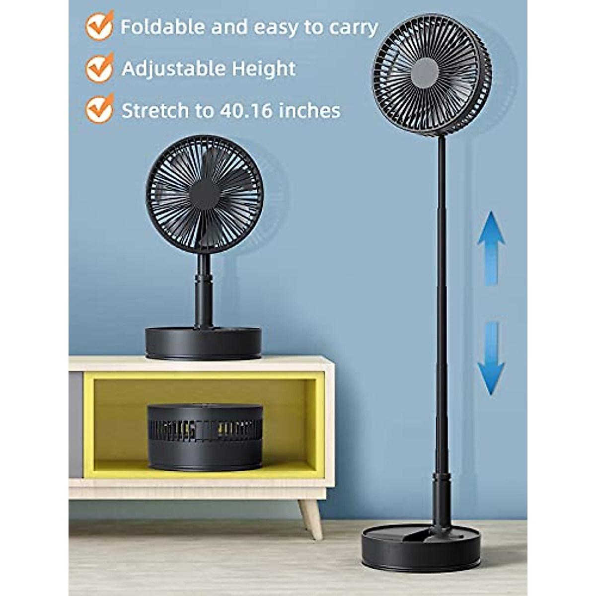 Koonie 8-Inch Foldaway Oscillating Fan with Remote Control, 7200mAh Rechargeable Battery Operated Pedestal Fan for Bedroom, Timer, 4 Speed, Fast Charging Portable Table Fan for Camping, Outdoor, Room