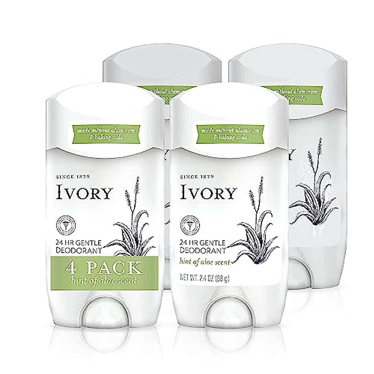 Ivory Deodorant, Hint of Aloe, Made without Aluminum and Baking Soda, 2.4 oz, Pack of 4