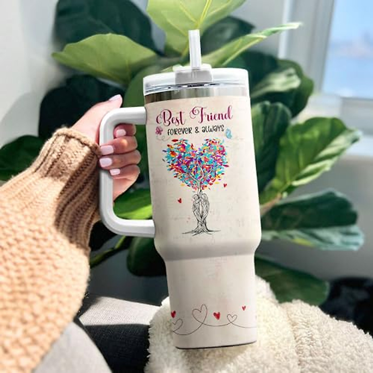 99WHALE Tumbler 40 Oz With Handle Lid And Straw, Butterfly Funny Handle For Steel Stainless Coffee Women Yellow Heart Tumblers Cups Friends, Best Friend Tree Colorful