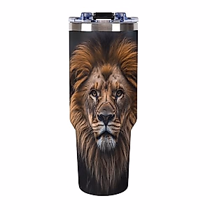 Lion Male Insulated Tumblers with Handle Stainless Steel Coffee Mug Funny Travel Cup with Lid Straw 40oz
