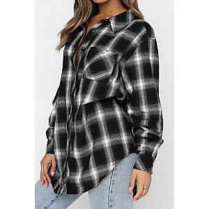 CHYRII Womens Button Down Flannel Shirts Long Sleeve Plaid Shacket Business Casual Tops Black S