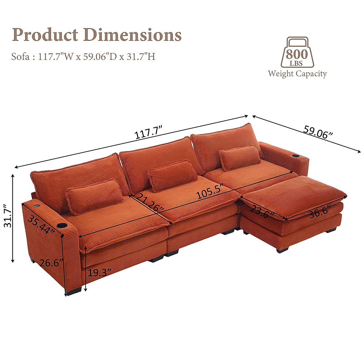 KIVENJAJA Corduroy Cloud Sectional Couch, Modern Comfy Modular L-Shaped Sectional Sofa with Ottoman, Cup Holders & USB Port for Living Room Apartment, 117.7”W, Orange