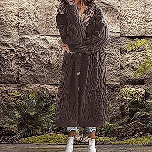 Mensch Women's Long Cardigan Sweaters Hooded Open Front Cable Knit Chunky Sweater Coats Waffle Outwear with Pockets