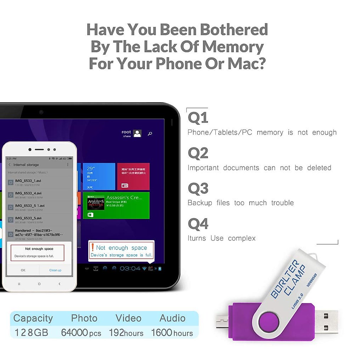 BorlterClamp 128GB USB 3.0 Flash Drive Dual Port Memory Stick, OTG Swivel Pen Drive with Micro USB Drive Port for Android Smartphone Tablet & Computer (Purple)