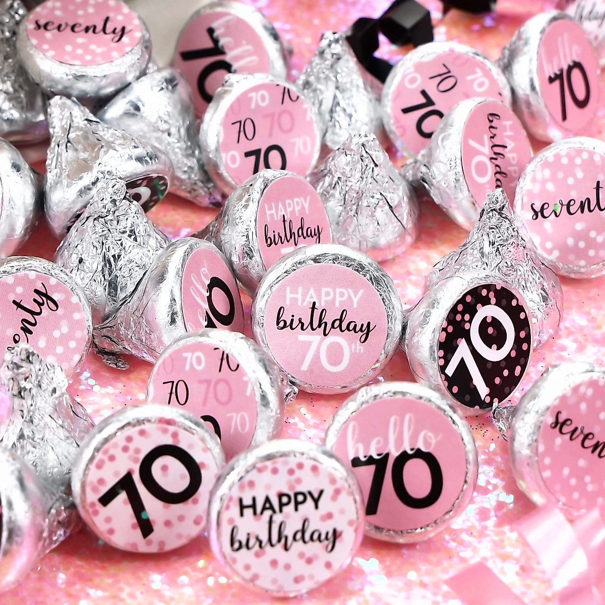 Pink, Black, and White 70th Birthday Party Favor Stickers, Chocolate Kisses Candy Stickers - 180 Count - 70th Birthday Decorations