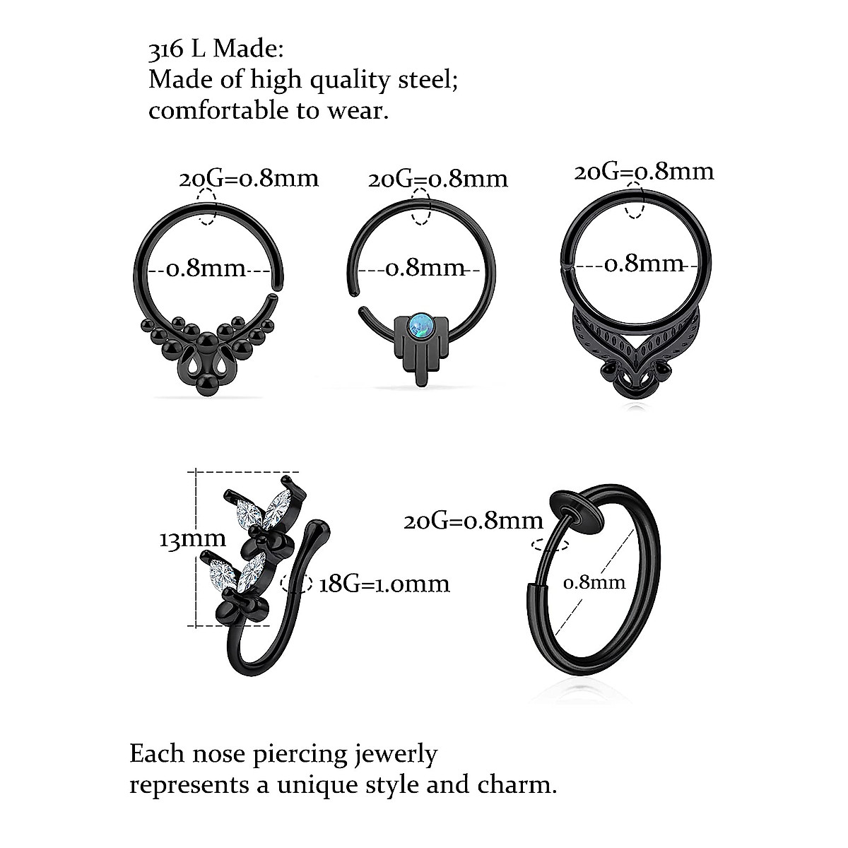 8Pcs 20G Nose Rings Hoop Chain Piercing Surgical Steel Fake Faux Nose Septum Ring Jewelry for Women Crystal Leaf Butterfly Rook Helix Cartilage Daith Piercing Jewelry,Black Nose Clip 8mm Cuffs