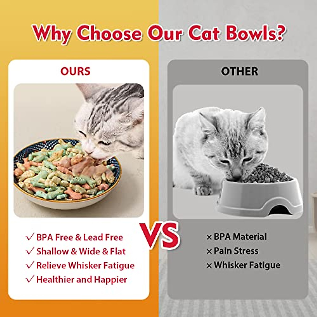 5.5 inch Wide Shallow Cat Food Bowl Set for Relief Whisker Fatigue -Ceramic - 6 Colorful Cute Small Flat Kitten Feeding Dish/ Dishes - Microwave and Dishwasher Safe - 8 oz