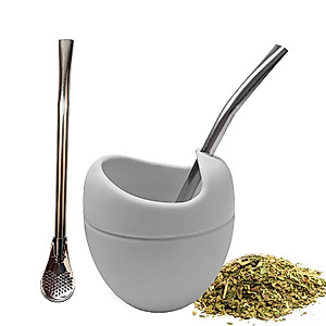 Intatikoo Yerba Mate Cup Set,6 OZ Tea Cup Set Includes Bombilla Stainless Steel Filter Straw BPA Free,Travel and Beach Essentials,Easy to Clean(Gray)