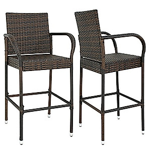 LEMY Outdoor Brown Wicker Rattan Bar Stool All-Weather Patio Furniture Chair Set with Armrest and Footrest (Set of 2)