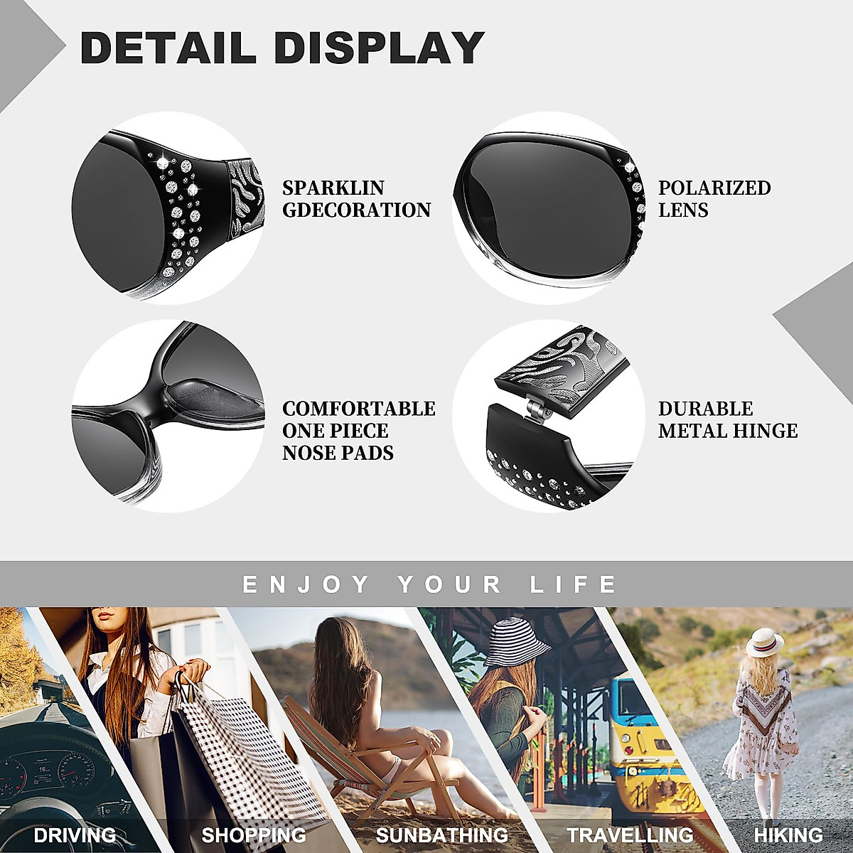 HAOLOTA Polarized Sunglasses for Women, Rhinestone Wrap Around Sunglasses with UV400 Protection