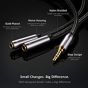 DUKABEL Headphone Splitter, Strong Braided & Gold-Plated 3.5mm Stereo Audio Y Splitter Cable 4-Pole Male to 2-Female Port Audio Stereo Cable Dual Headphone Jack Adapter Top Series