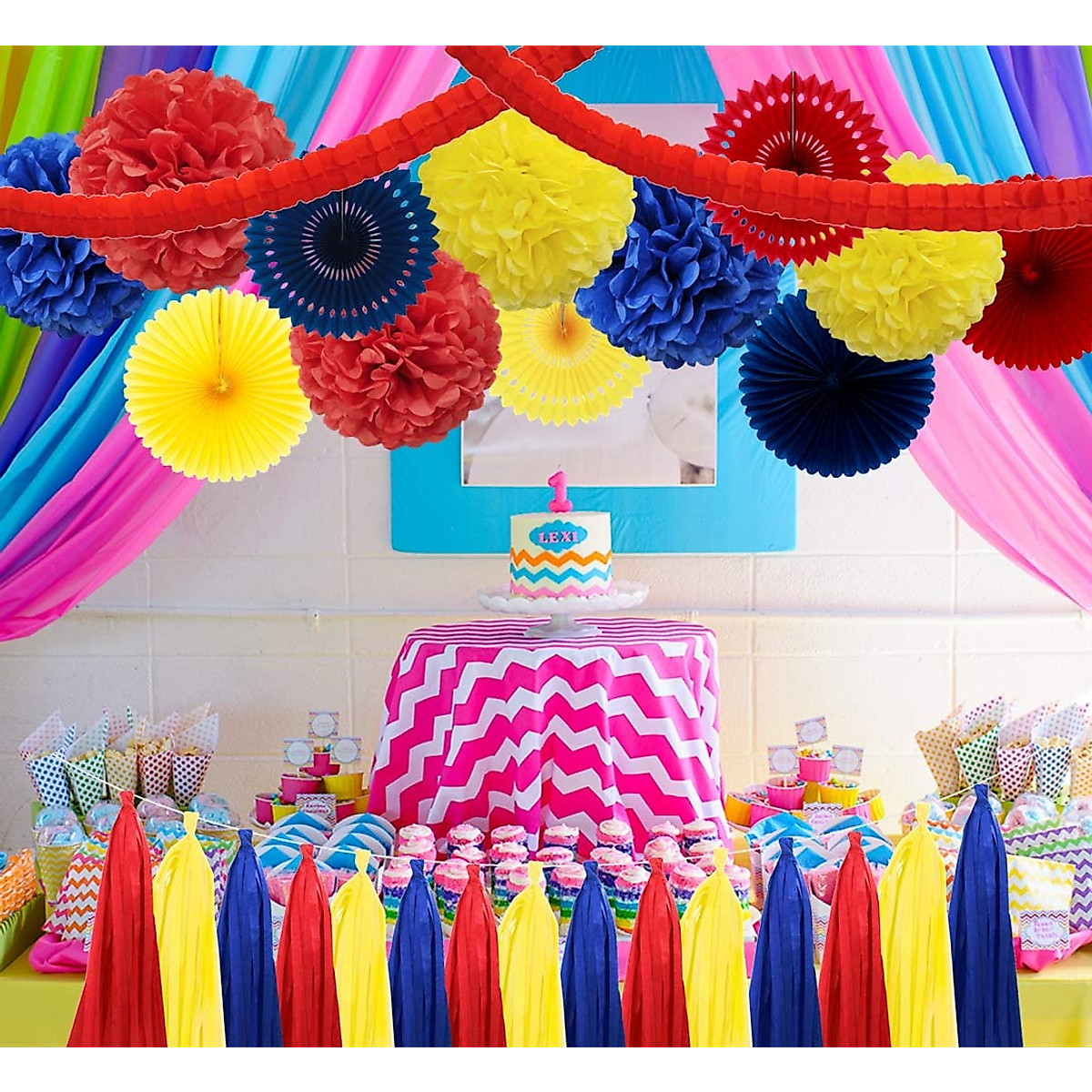 InBy Carnival 28PCS Red Blue Yellow Party Decorations Kit - 12" 10" Tissue Flower Paper Pom Poms 8" Paper Fan Tassel Garland for Birthday Bridal Baby Shower Wedding Bachelorette Decoration Supply