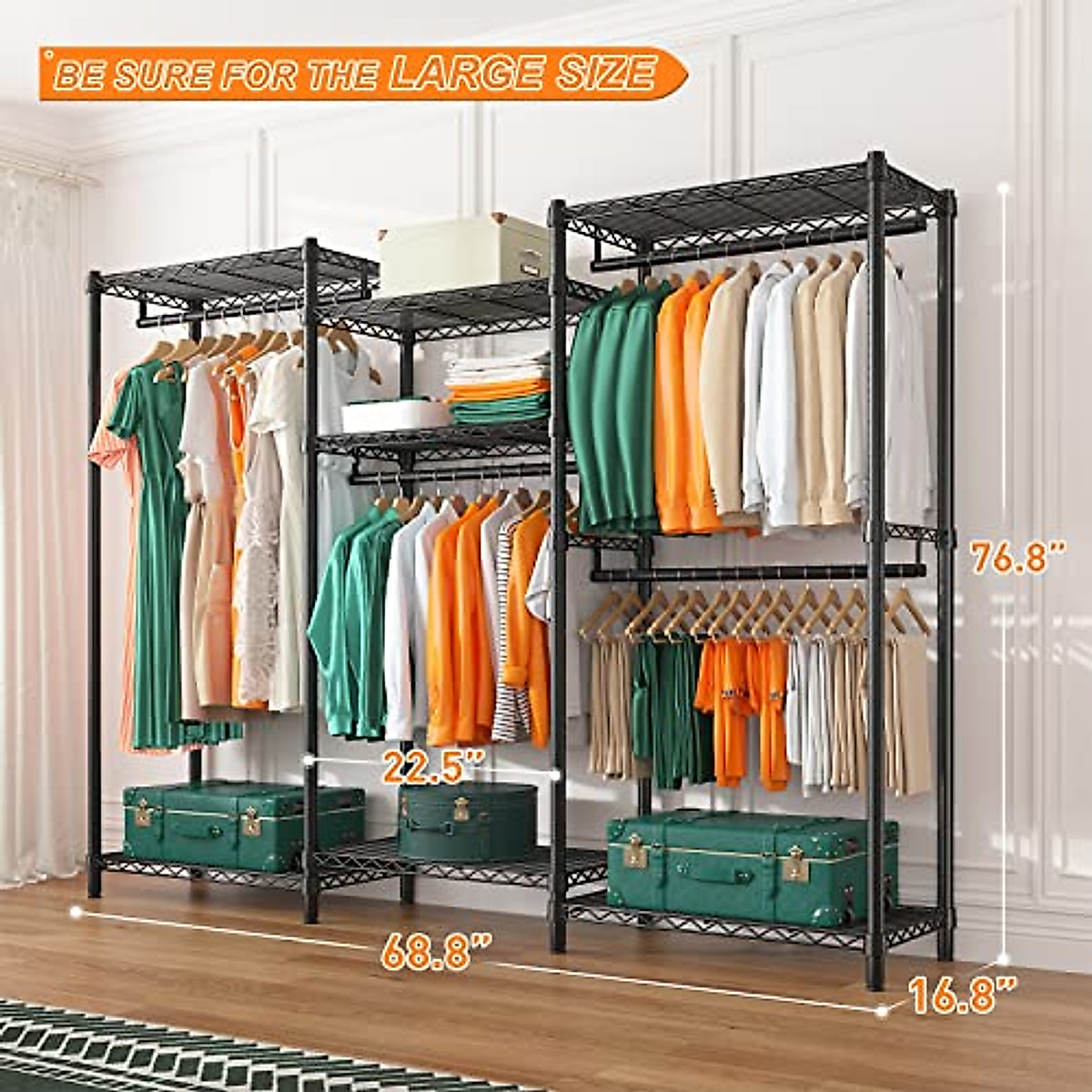 Raybee Clothes Rack for Hanging Clothes Rack Heavy Duty Clothing Rack Load 840 LBS Metal Clothing Racks for Hanging Clothes Rack Heavy Duty Adjustable Wire Garment Rack 76.8" H x 68.8" W x 16.8" D