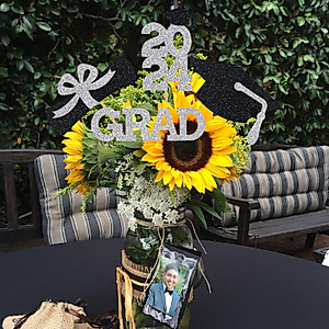 Silver Grad Centerpiece Sticks Class of Party Decor Black Cap Toppers Graduation Arrangement Supplies 16 Pieces