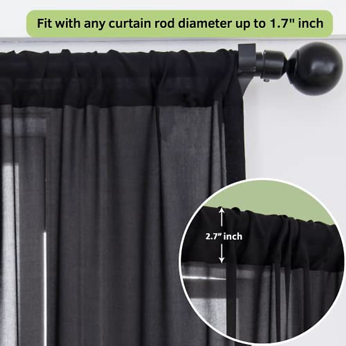 VEGA U Sheer Curtains, Smooth and Soft Rod Pocket Filmy Curtains Weaken Sunlight, Set of 2 Panels (52" W X 96" L, Black)