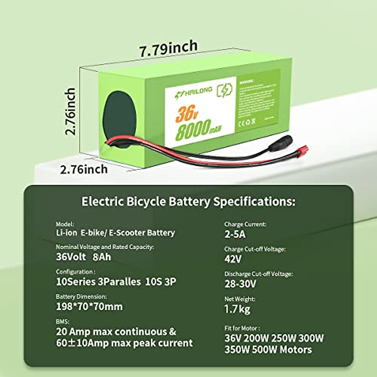 H HAILONG 36V 8Ah 288Wh Ebike Battery, Electric Bike Scooter Lithium Battery with Charger,2A Charger and BMS for 250W 350W 500W Motor(36v 8Ah)