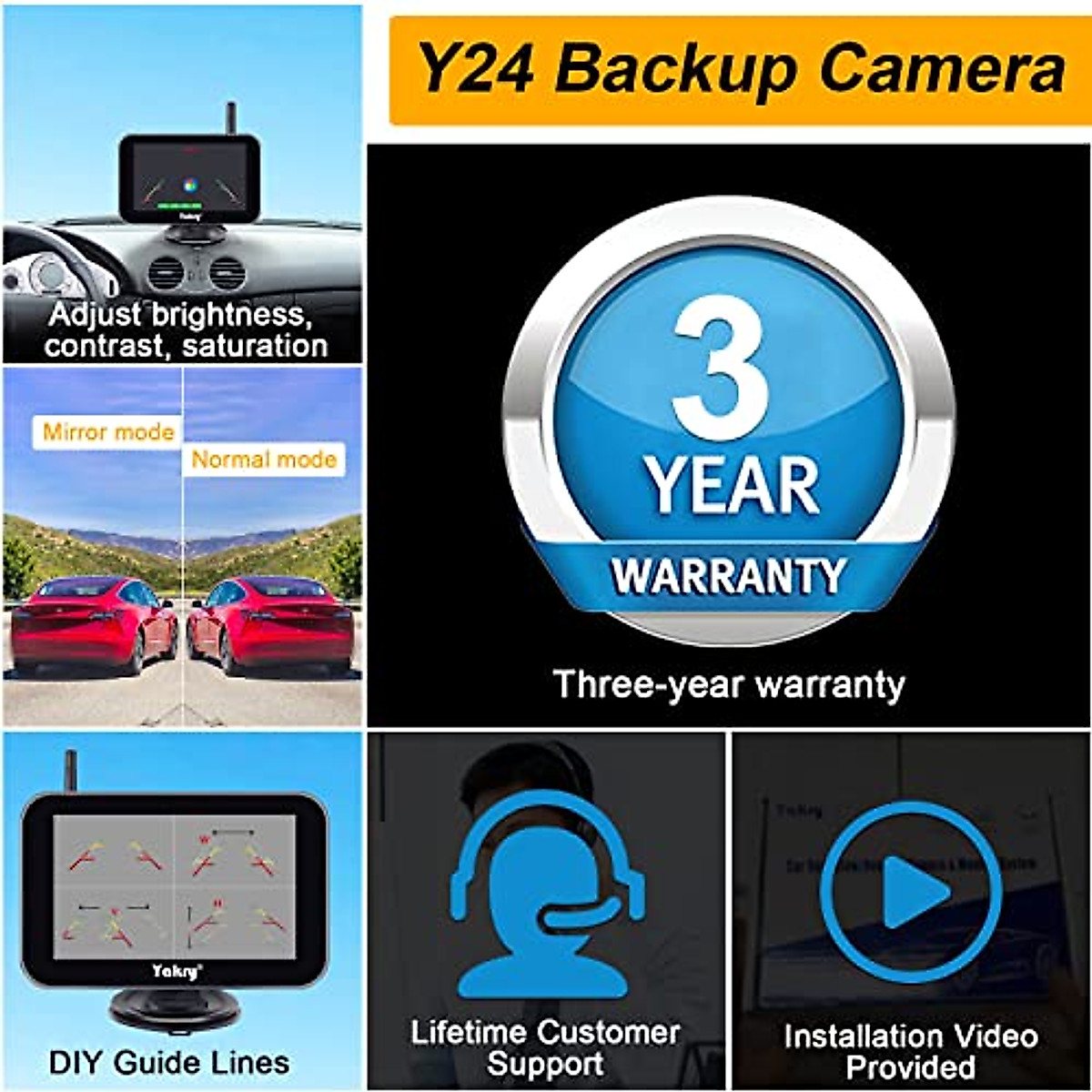 Yakry Wireless Backup Camera HD 1080P 5 Inch Monitor 2 Channels Kit System Bluetooth Hitch Rear View Reverse Cam Truck Car Camper RV Minivan Waterproof Night Vision DIY Gridlines Y24