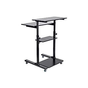 Monoprice Height Adjustable PC Workstation Cart - for Seated or Standing Position, with 28 Inch Table Top,Two Additional Accessory Shelves, Ideal for Work and Home, Black, Keyboard+ Monitor